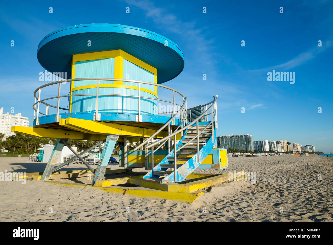 Bright scenic morning view of an iconic circular lifeguard tower ...