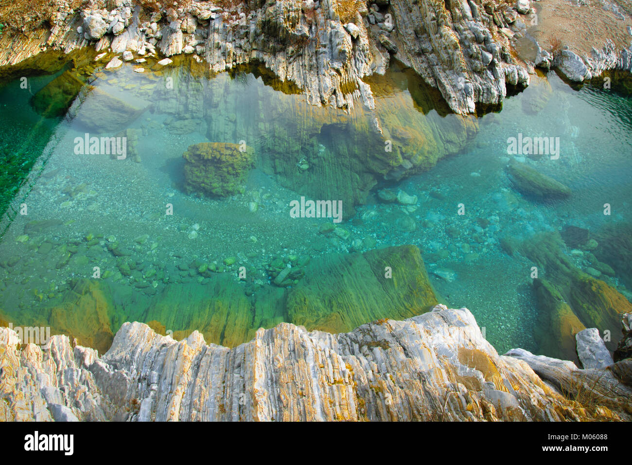 Areal view of pure turquoise river water and white rocks. Natural ...