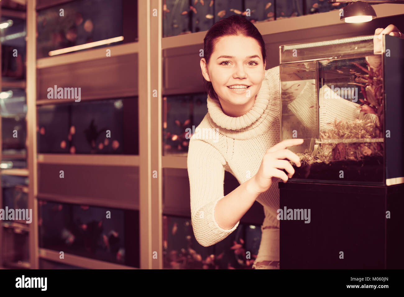 Teenage girl shows an aquarium with fish fry in an aquarium store Stock ...