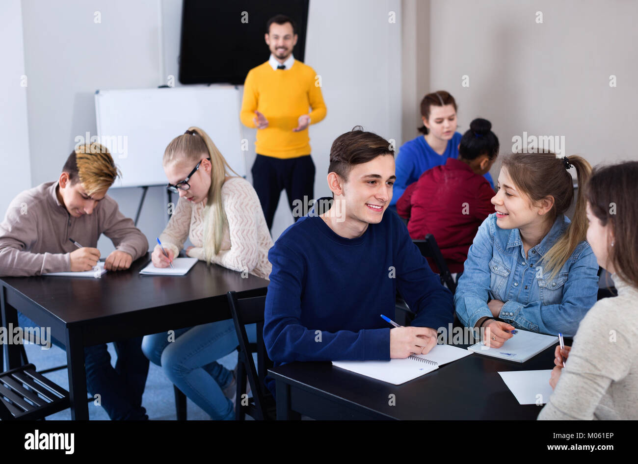 Diligent glad smiling fellow students having group work tasks during ...