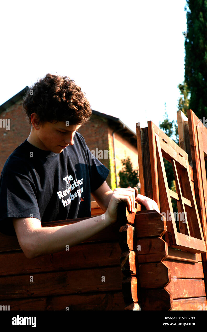 boy building a small wooden house Stock Photo - Alamy