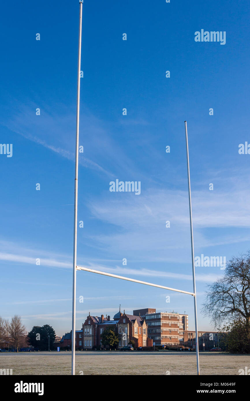 Rugby goal posts framing University of Reading buildings Stock Photo ...