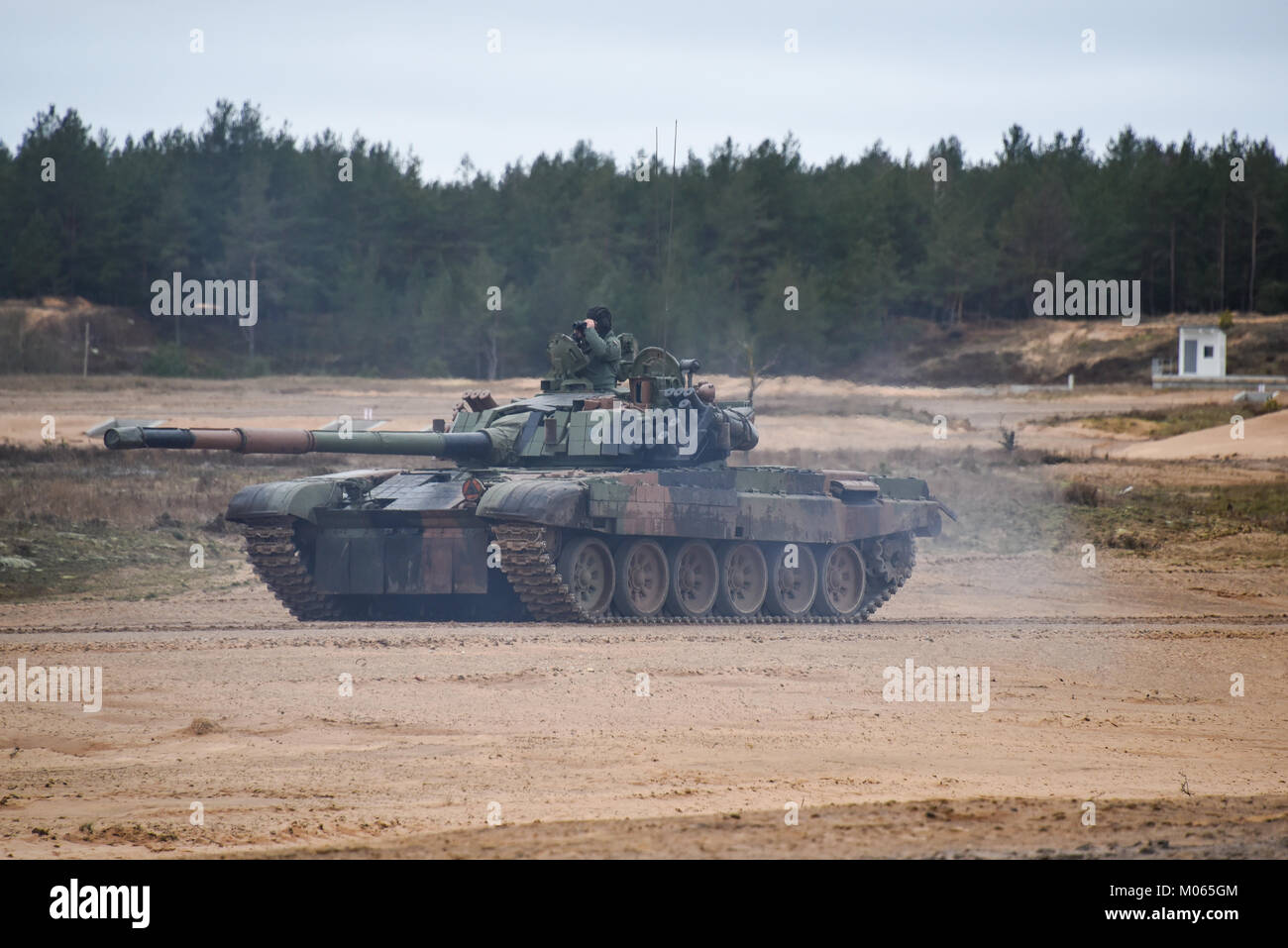 Polish soldiers maneuver their tank to a fighting position during a dry ...