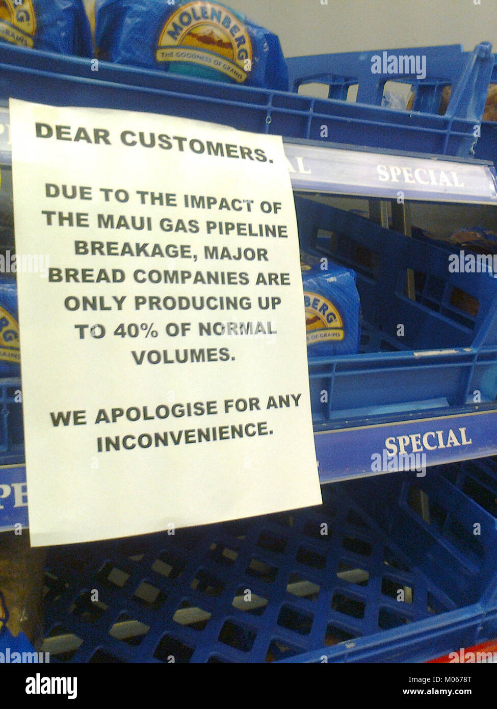 Sign reporting Maui gas leak and resulting local bread shortage ...