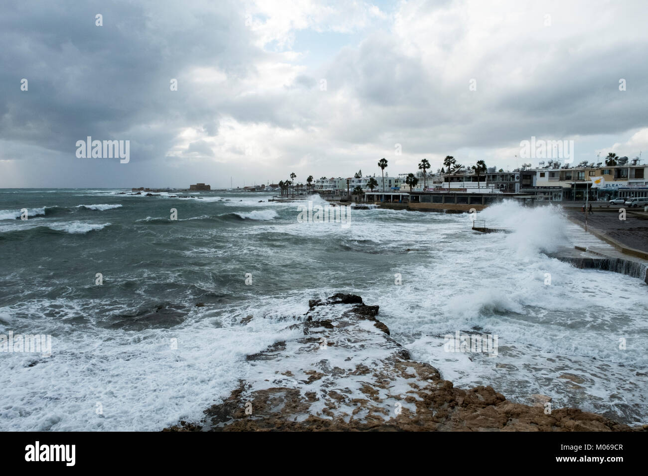 Large waves batter the harbour seafront in Kato Paphos, Paphos, Cyprus ...