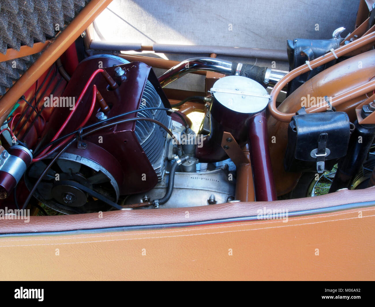 This image depicts the engine of a Brown Velorex, a classic example of ...