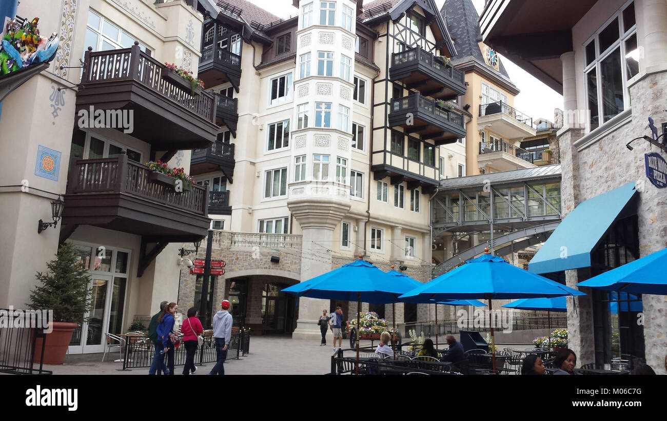 This photograph captures the architecture of Vail, Colorado, showcasing ...