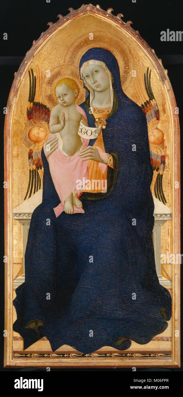 This artwork portrays the Madonna and Child enthroned with two cherubim ...