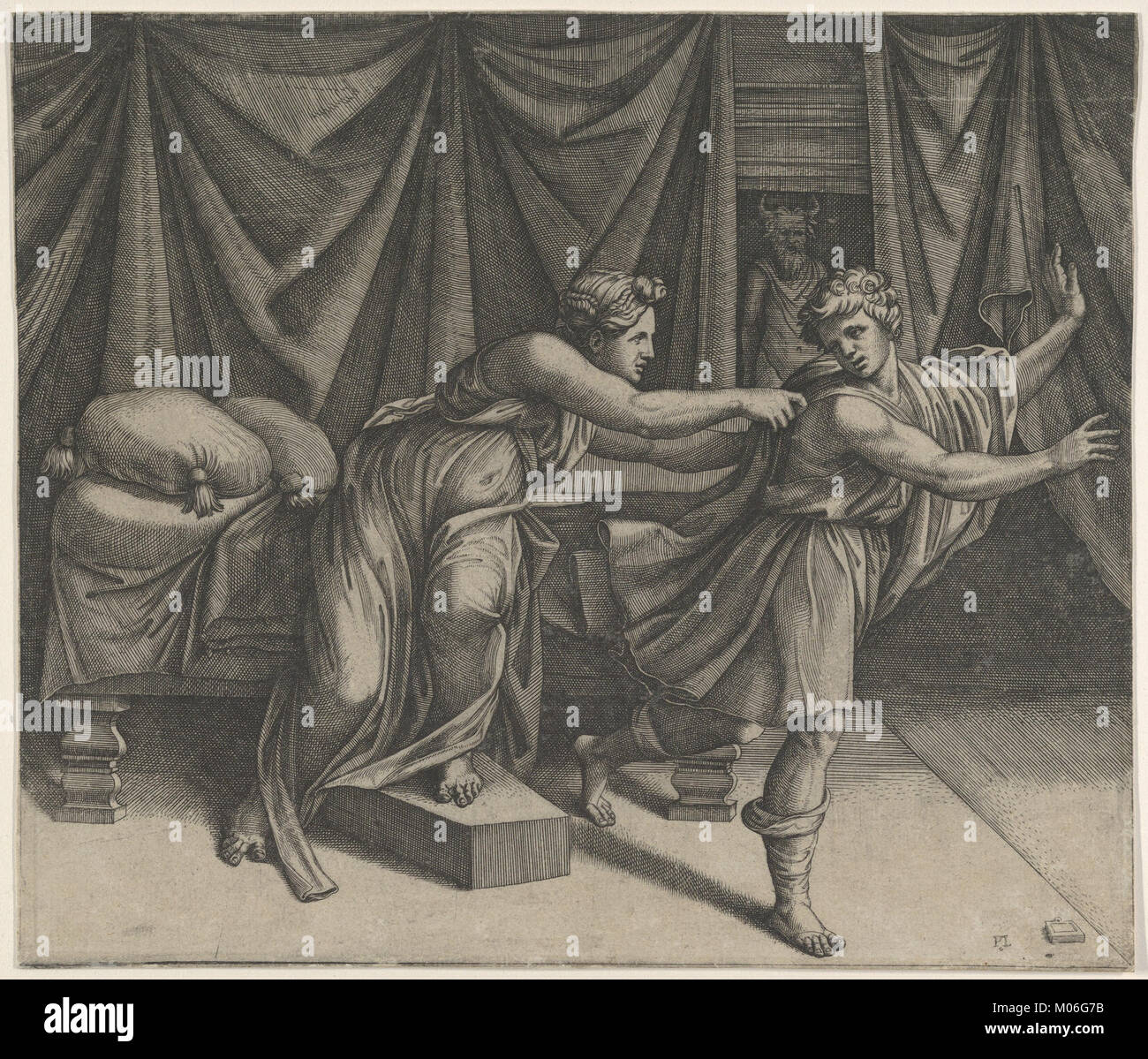 This artwork depicts the biblical scene of Joseph fleeing from Potiphar ...