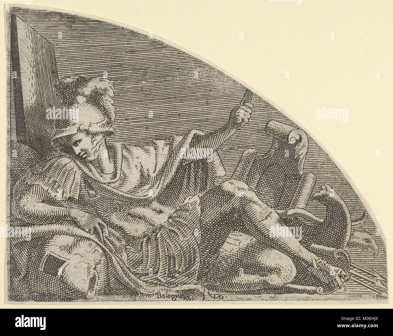 This statue of Mars, the Roman god of war, is depicted seated on a pile ...