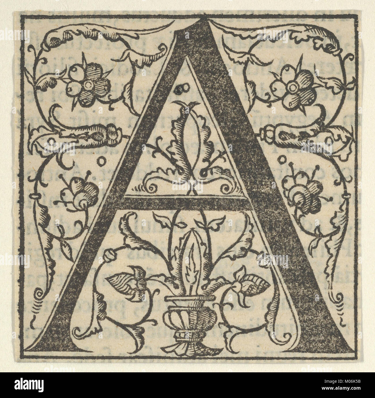This artwork shows the initial letter 'A' surrounded by garlands ...