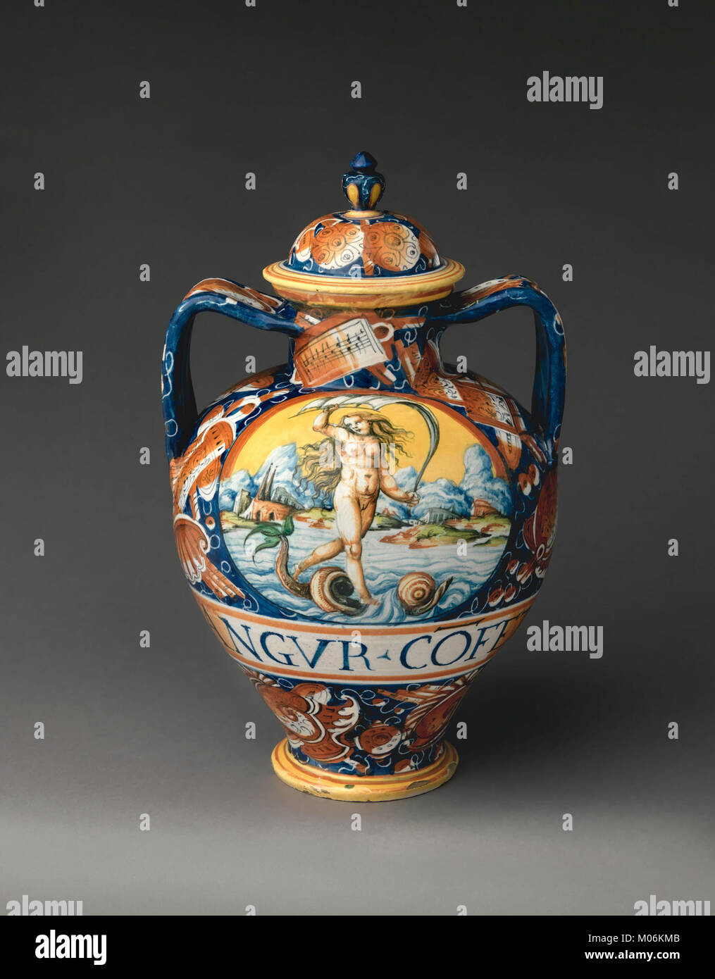 This lidded pharmacy jar depicts the personification of Fortuna, the ...