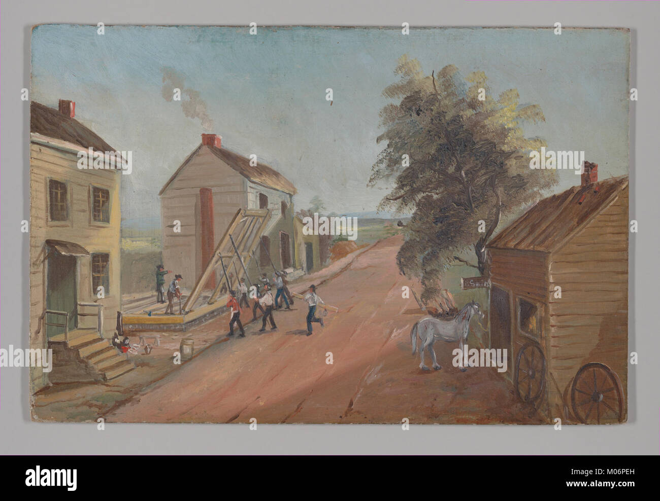 House raising artwork illustrating construction processes and community ...