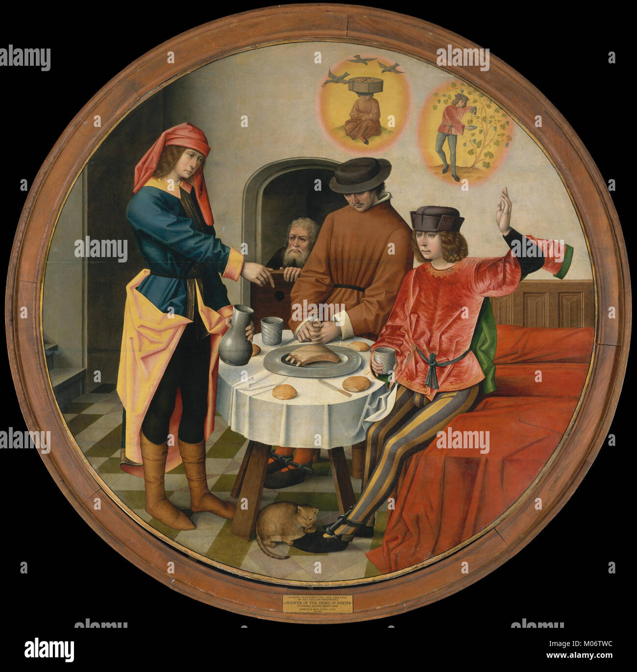 This artwork depicts the biblical scene of Joseph interpreting the ...