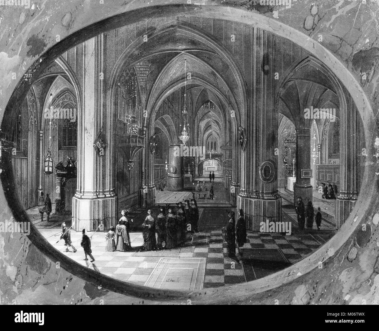 This photograph shows the interior of a Gothic church at night ...