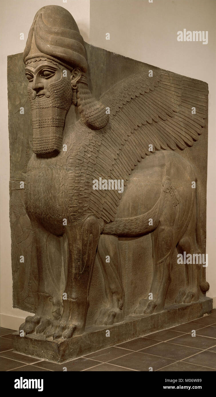 This lamassu, a mythical creature with the body of a lion and the head ...