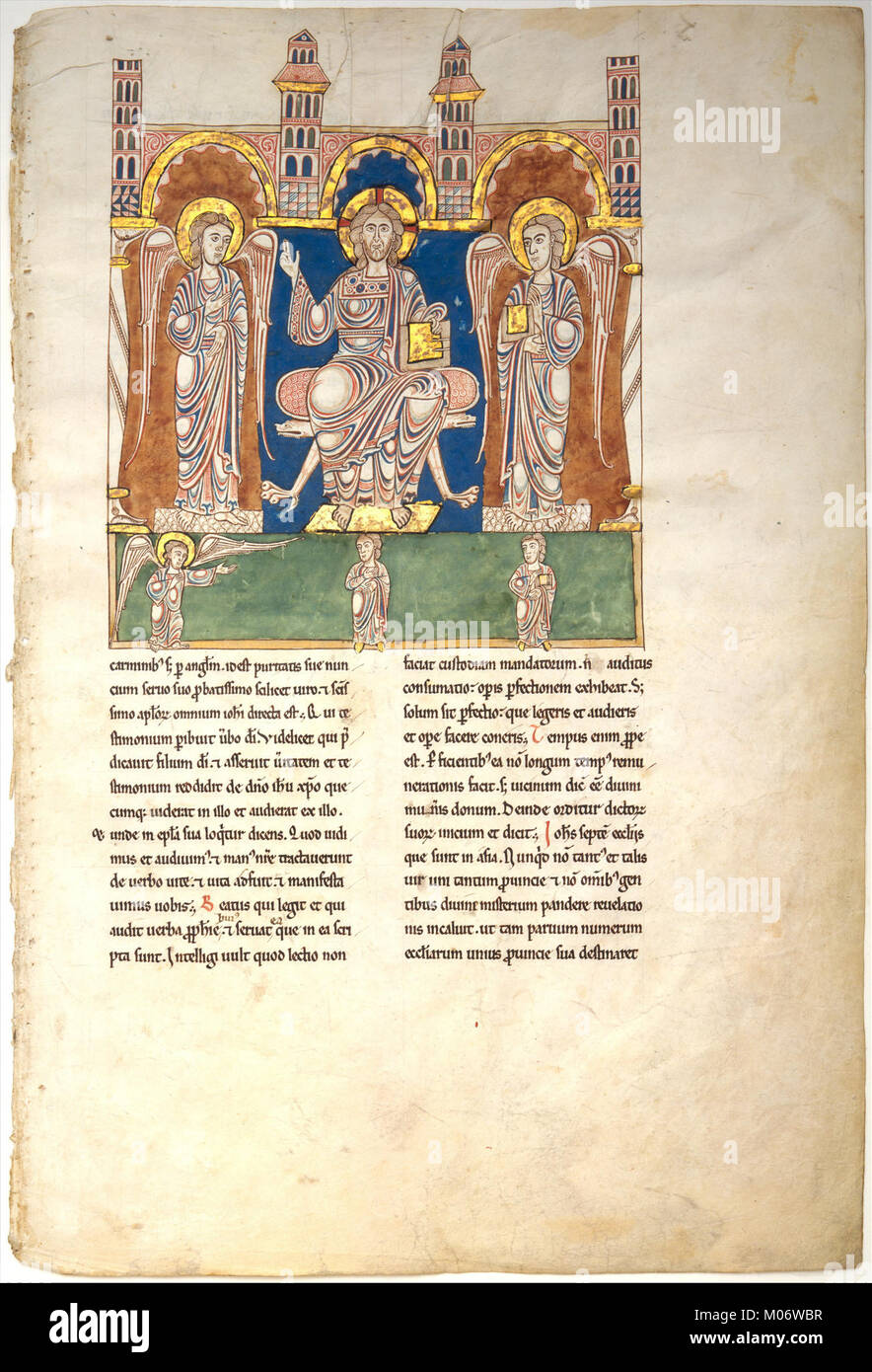 This leaf from a Beatus manuscript depicts Christ in Majesty surrounded ...