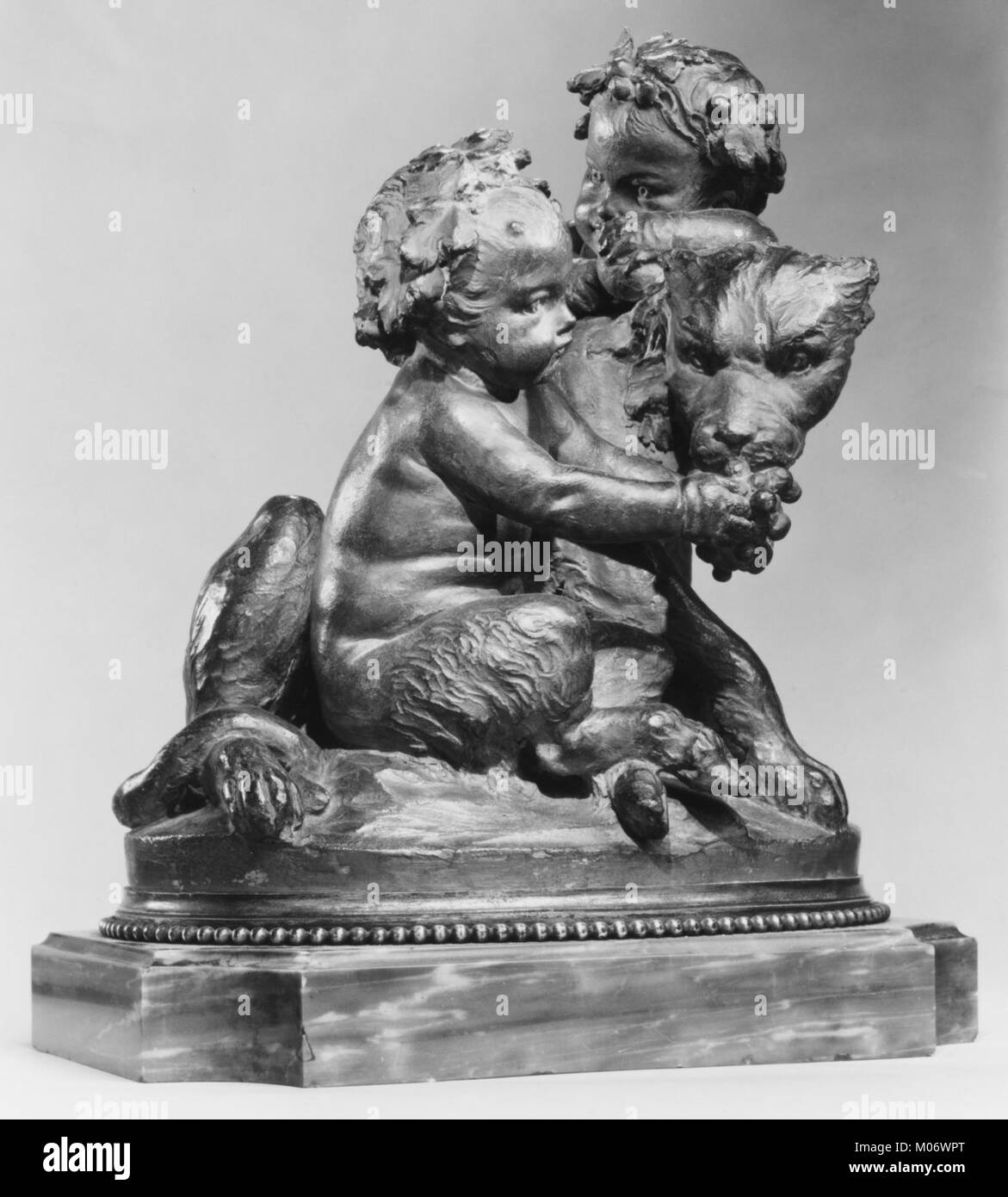 This artwork depicts an infant and a satyr child alongside a panther ...