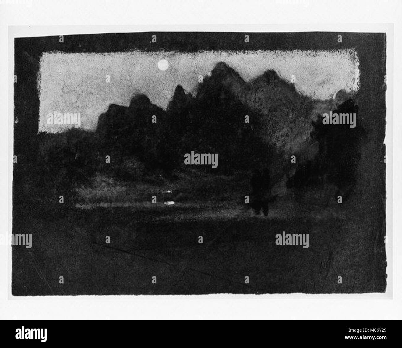 A serene landscape depicting mountains illuminated by moonlight ...