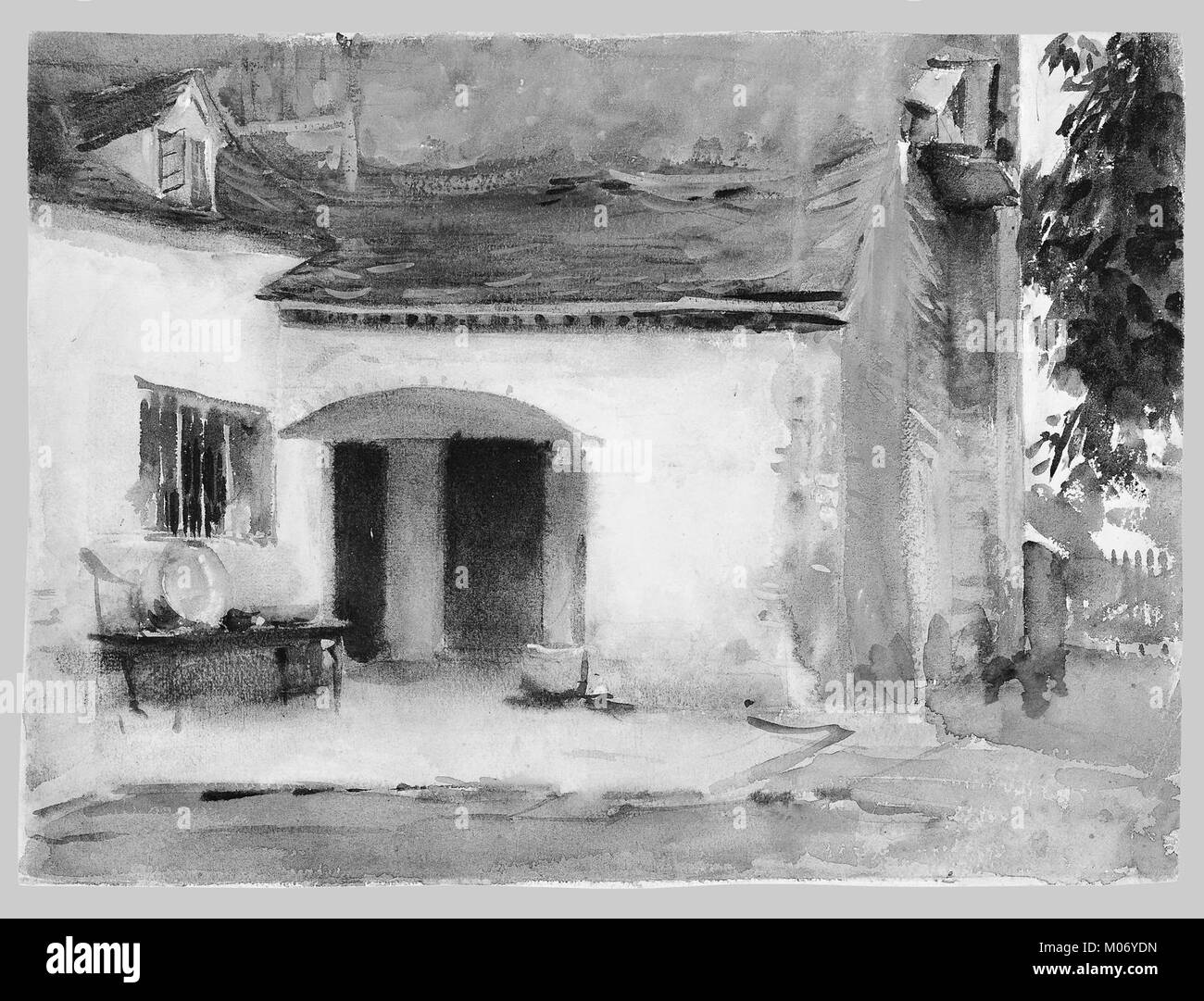 This architectural drawing depicts a house and its surrounding ...