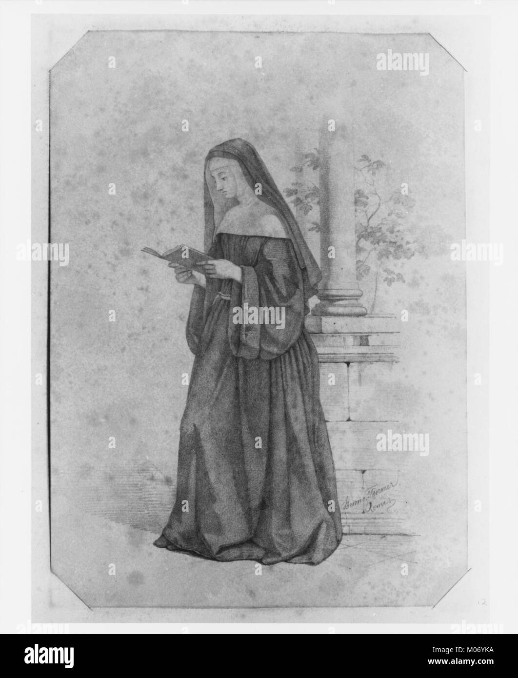 This image shows a nun standing and reading a book, illustrating ...