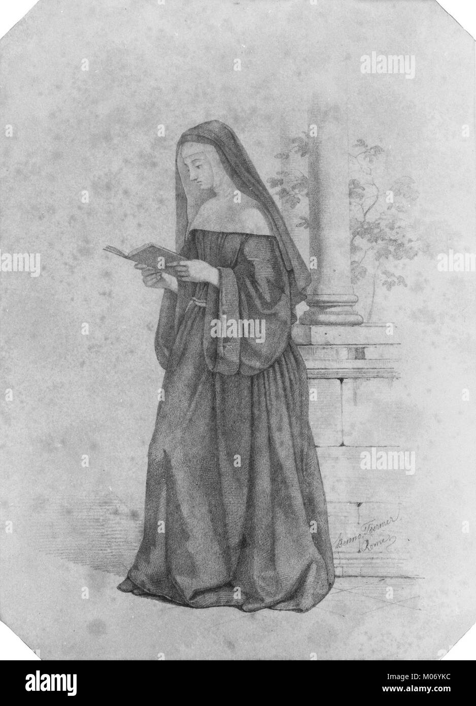 This image depicts a nun standing and reading a book, captured in a ...