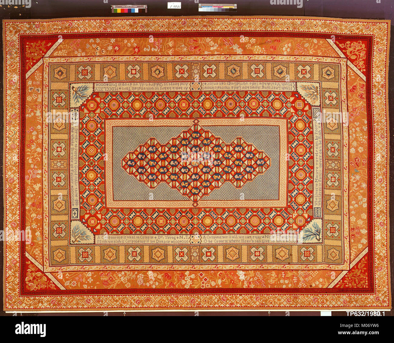 This needlepoint carpet is an intricate textile piece, showcasing fine ...