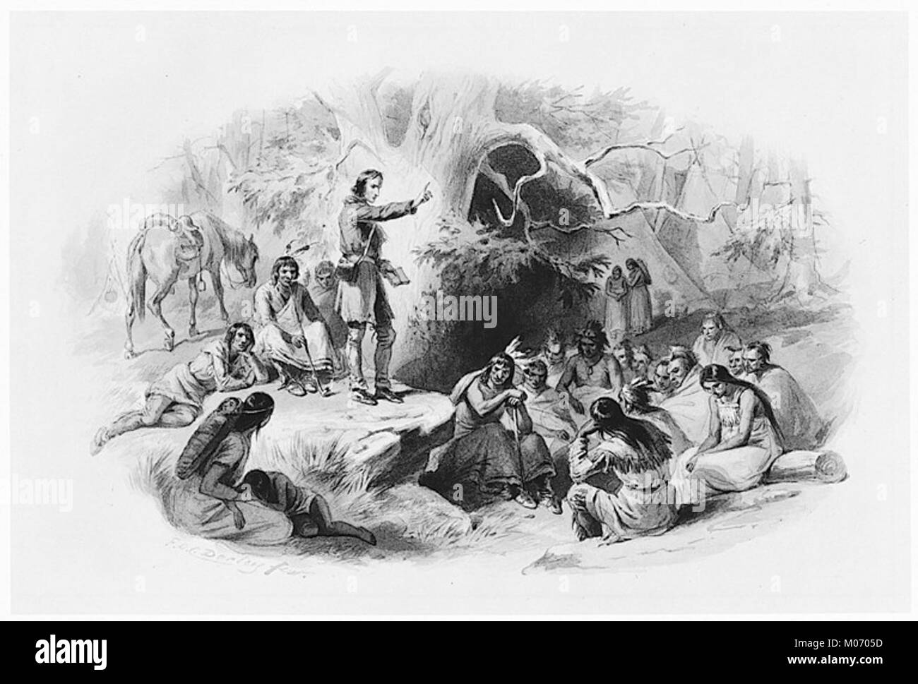 An artwork depicting John Eliot, a missionary, preaching to Native ...