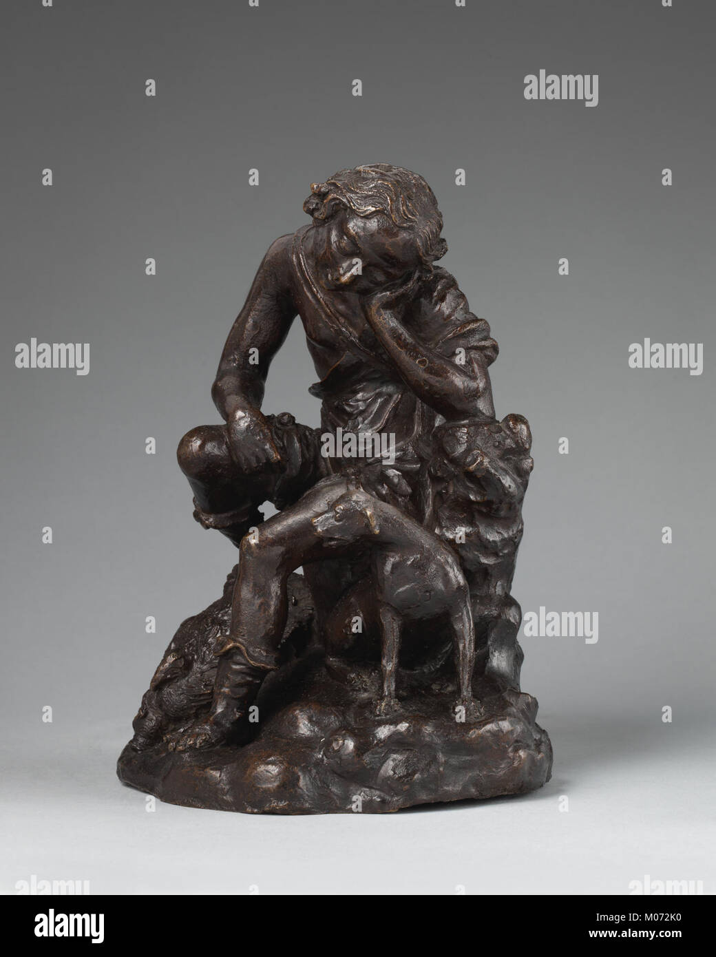 This artwork depicts the mythological figure Meleager seated on a boar ...
