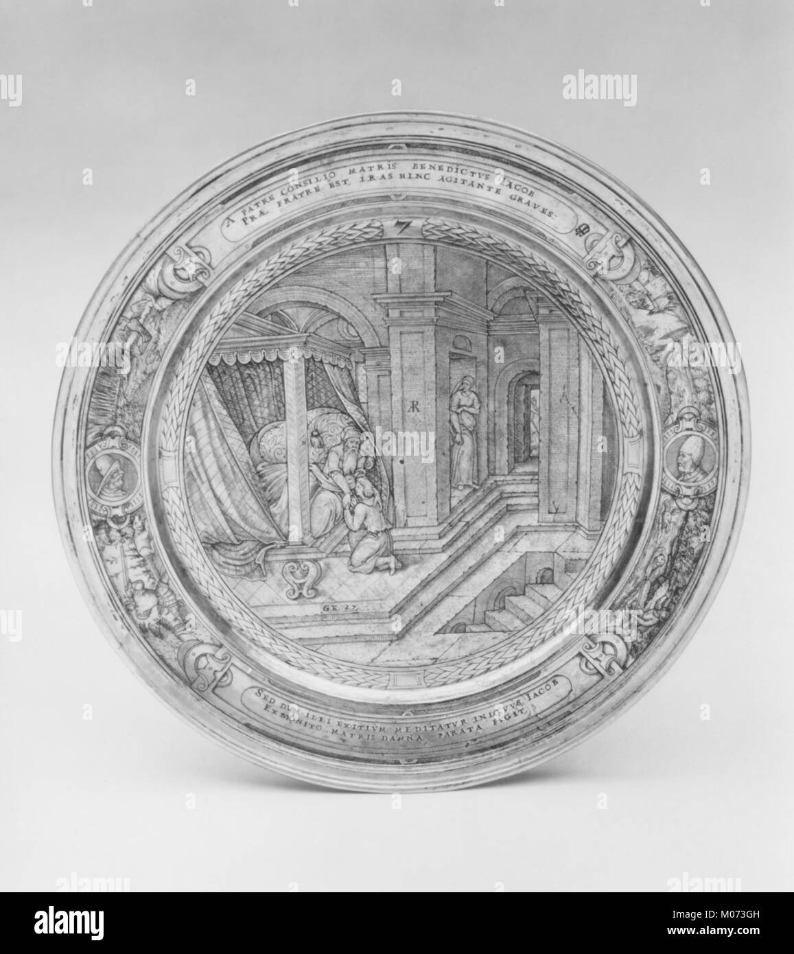 This artwork illustrates the biblical scene of Jacob receiving Isaac's ...