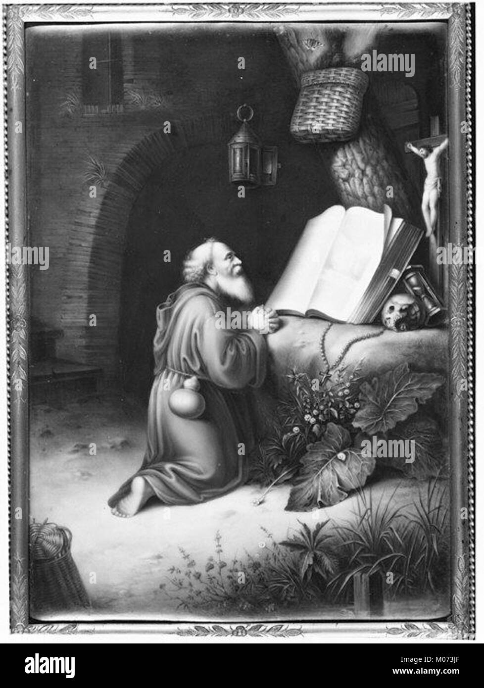 This painting depicts a monk engaged in devotions, capturing a moment ...