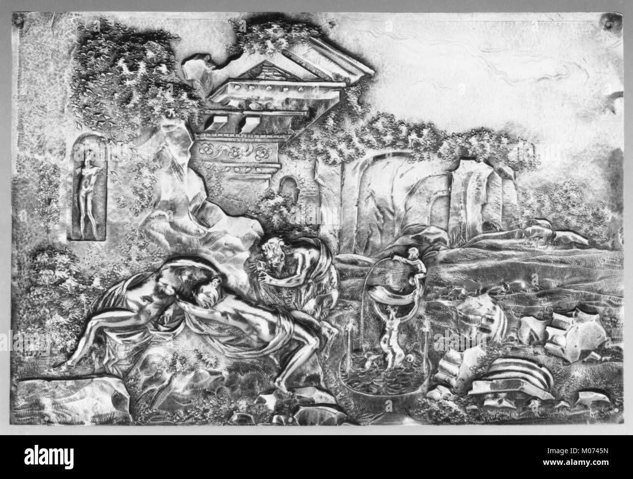This classical painting depicts nymphs and a satyr in an idyllic ...