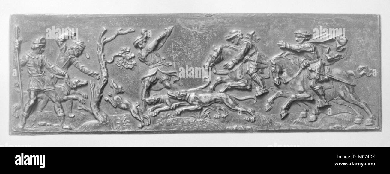 This artwork depicts a dynamic hunting scene, capturing the action and ...
