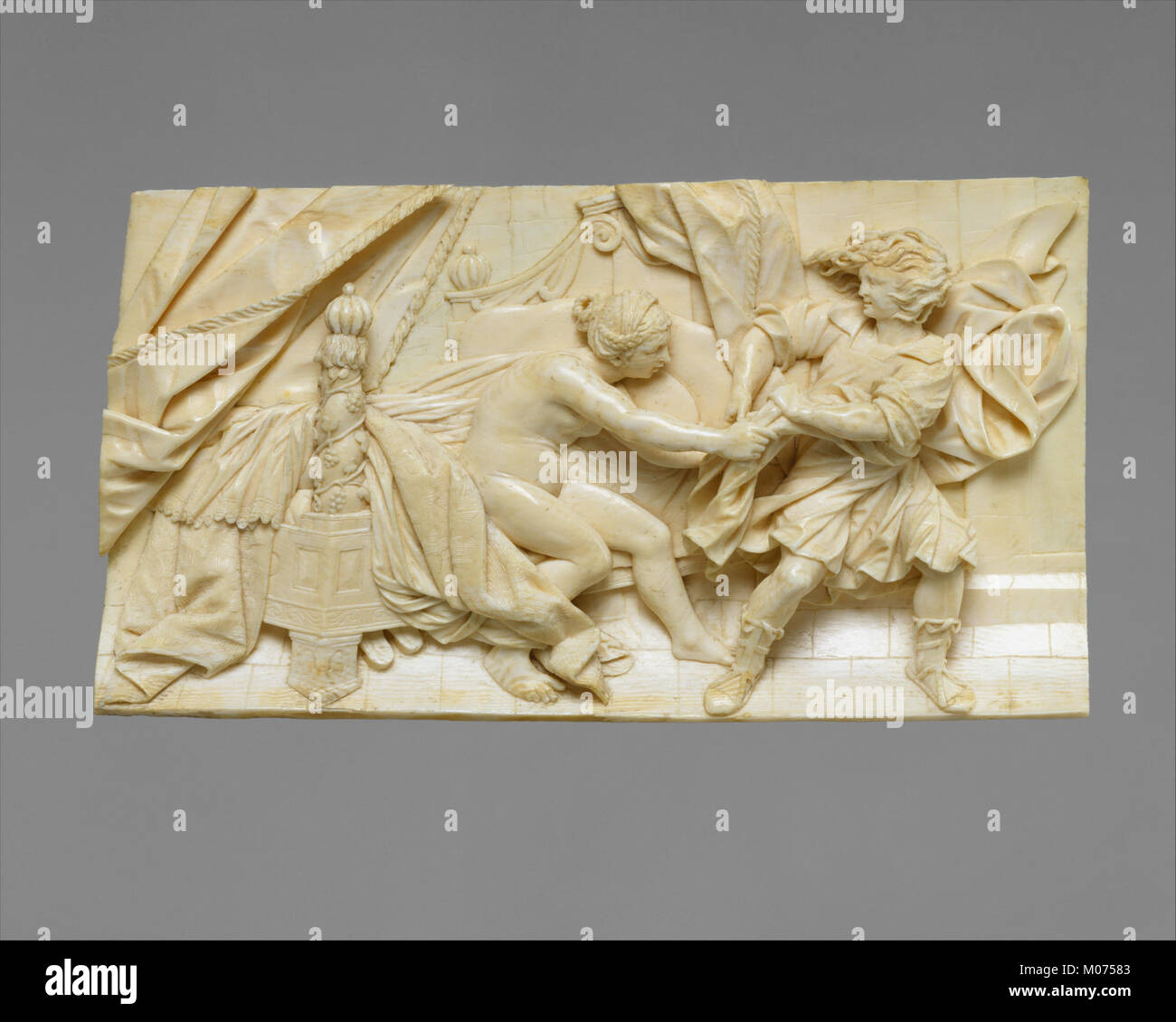 This artwork depicts the biblical story of Joseph and Potiphar's wife ...