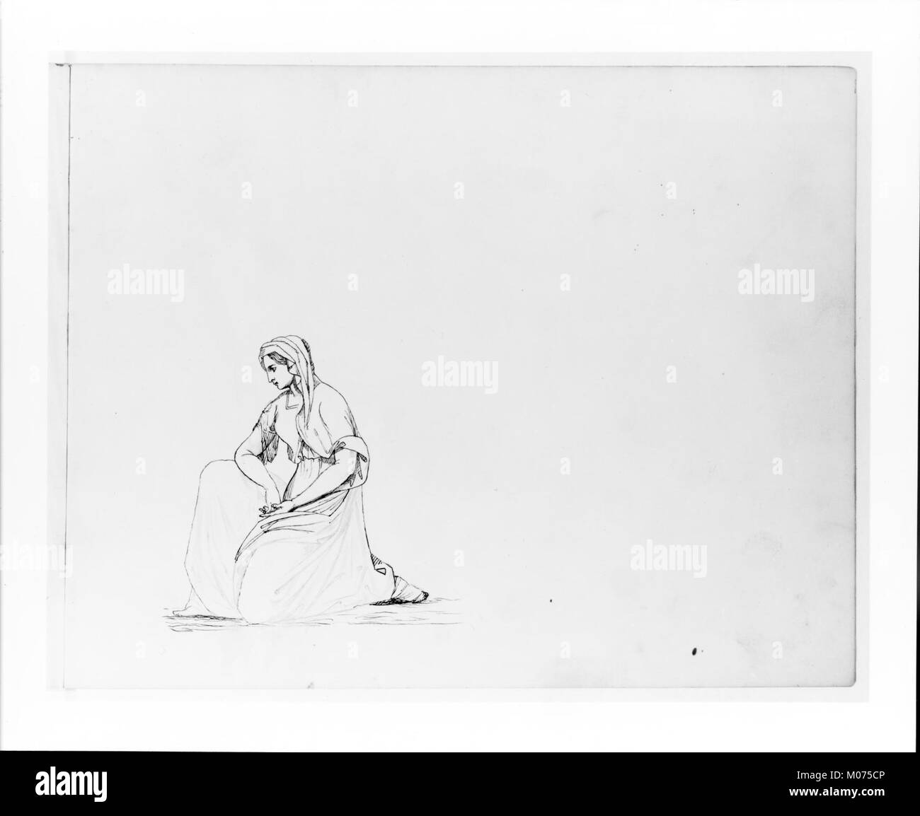 A sketch of a kneeling female figure, likely part of a larger ...