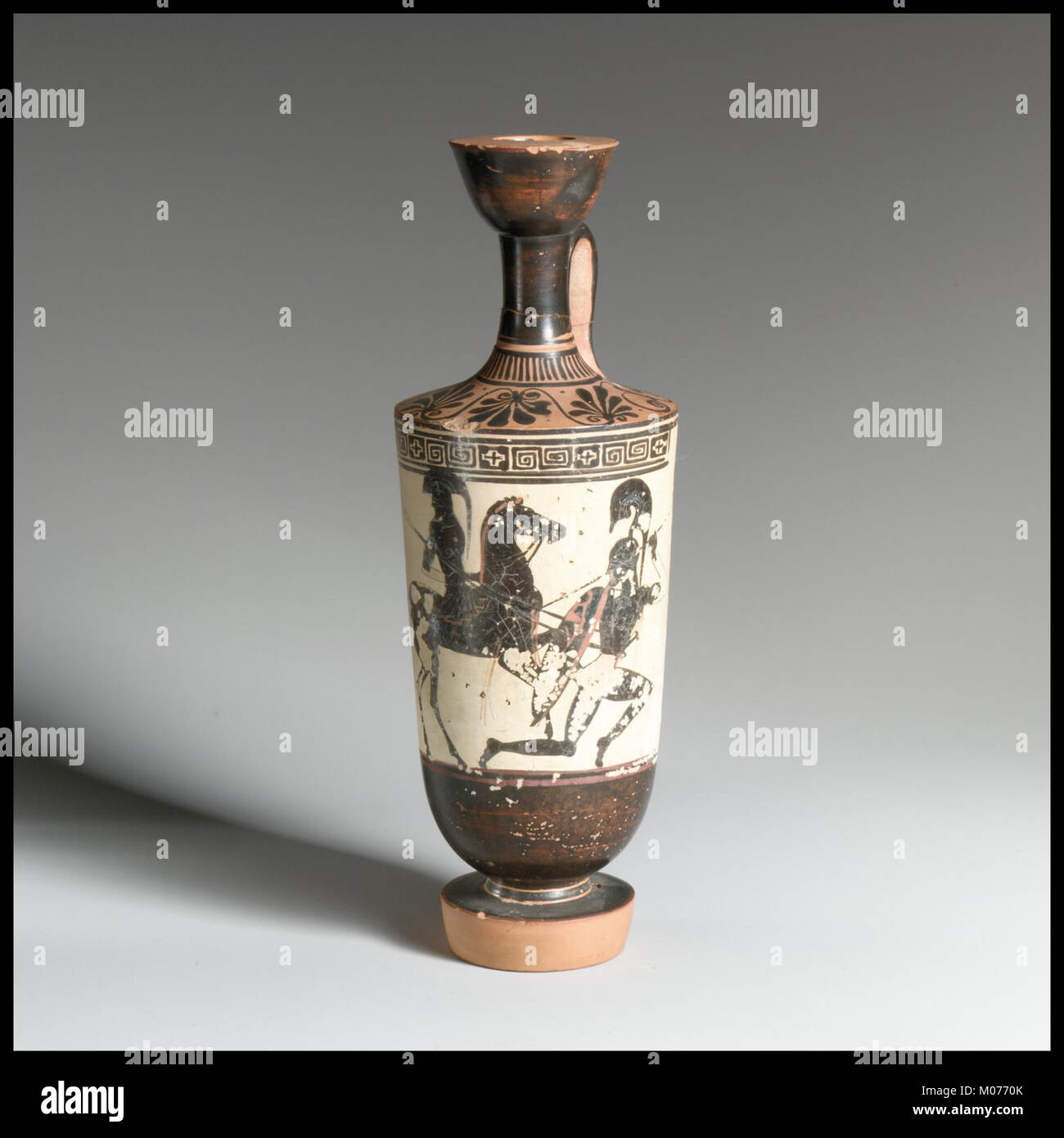 This lekythos, an ancient Greek oil vessel, features intricate design ...