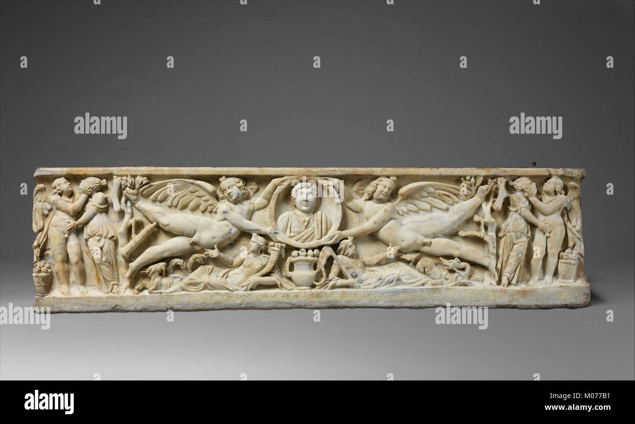 A marble sarcophagus decorated with erotes (winged cherubic figures ...