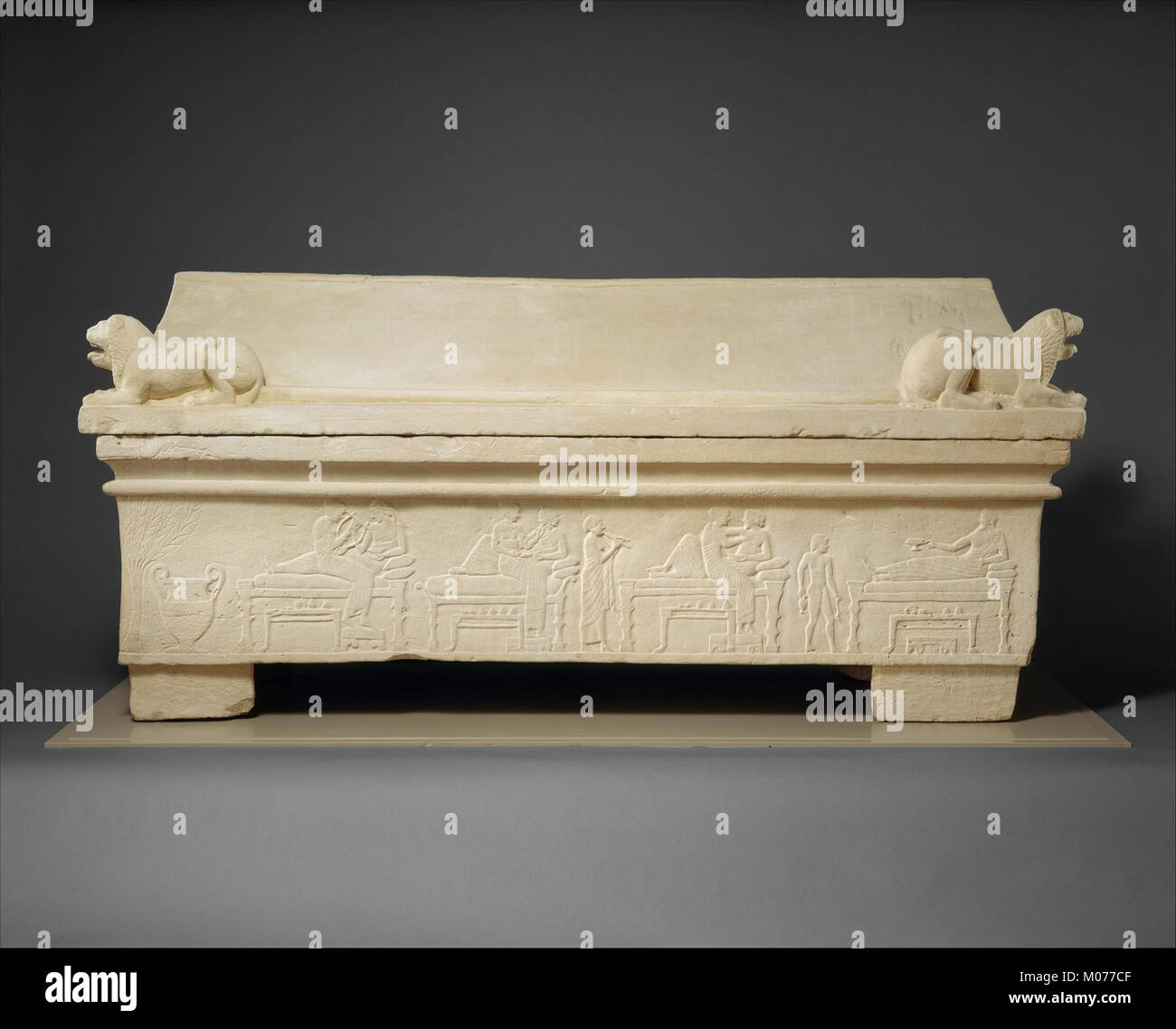 A limestone sarcophagus, used for the burial of the deceased in ancient ...