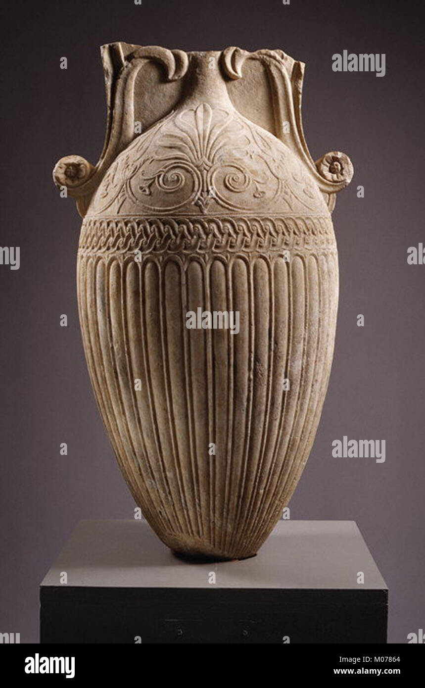 This marble funerary loutrophoros, used in burial rites, features ...