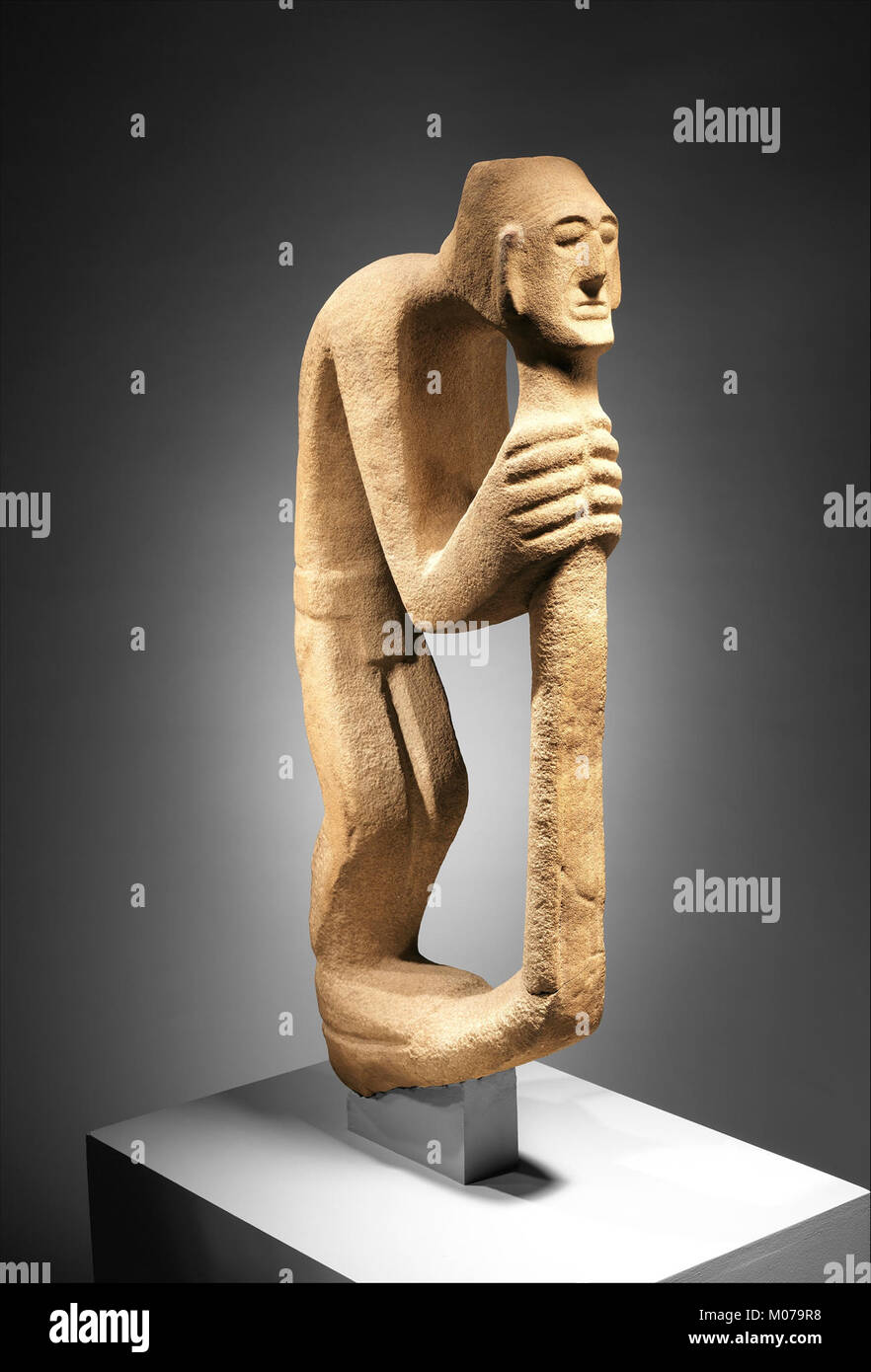 This artwork depicts a hunchbacked figure leaning on a staff. It ...