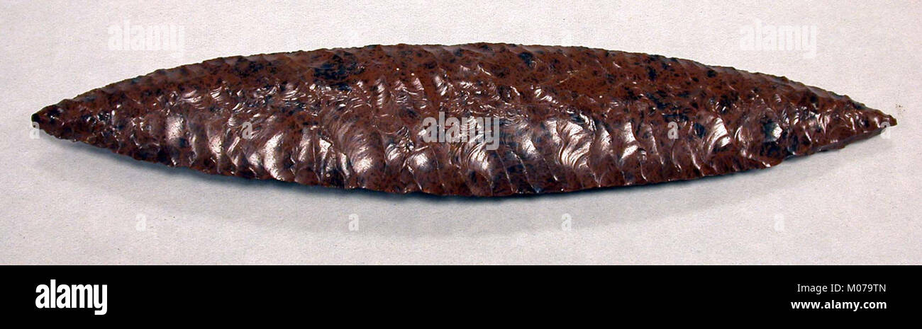 An obsidian blade, a tool made from volcanic glass, known for its ...