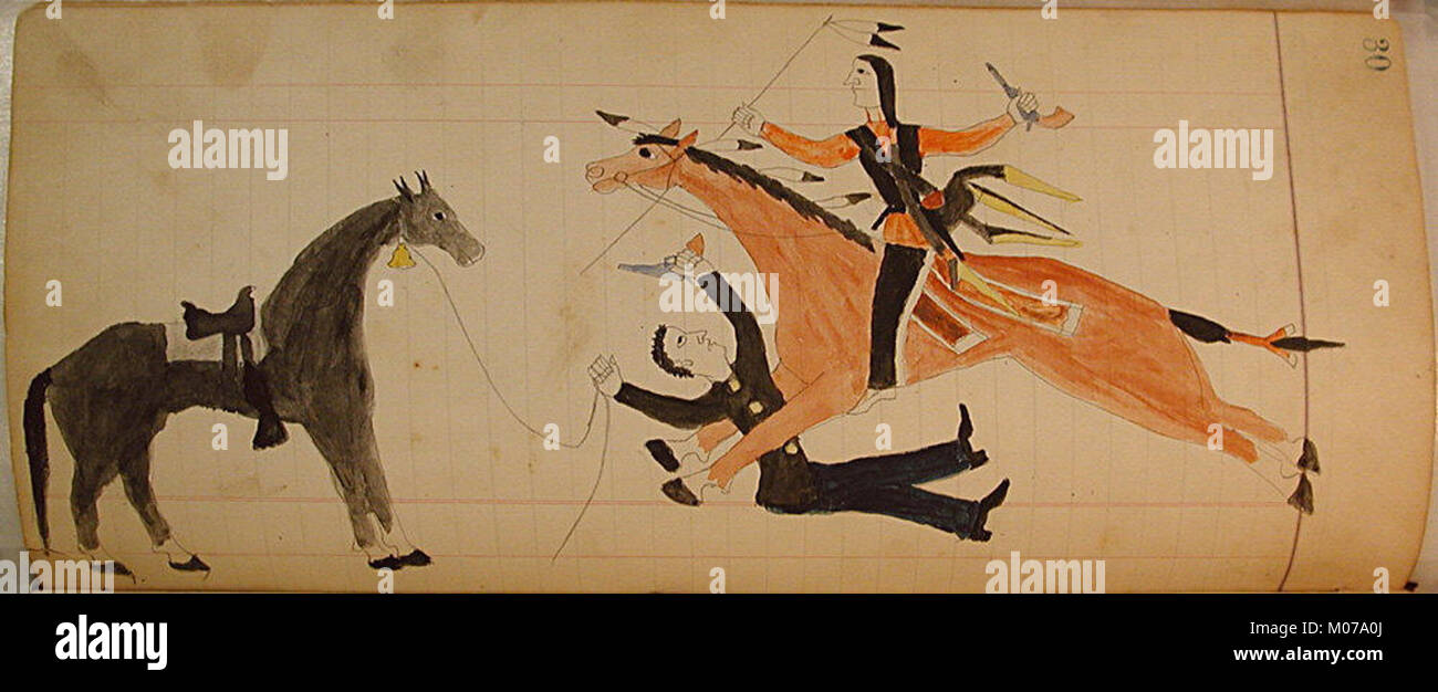 A ledger drawing, a form of historical illustration, featuring Native ...