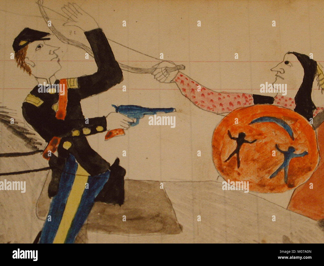 This ledger drawing captures intricate details of a historical scene ...