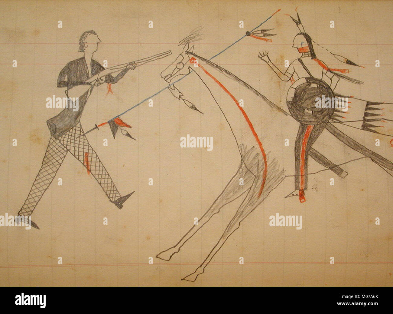 This ledger drawing depicts historical scenes or events, showing ...