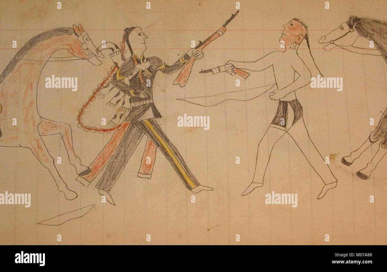 The ledger drawing records a historical scene in 19th-century Native ...