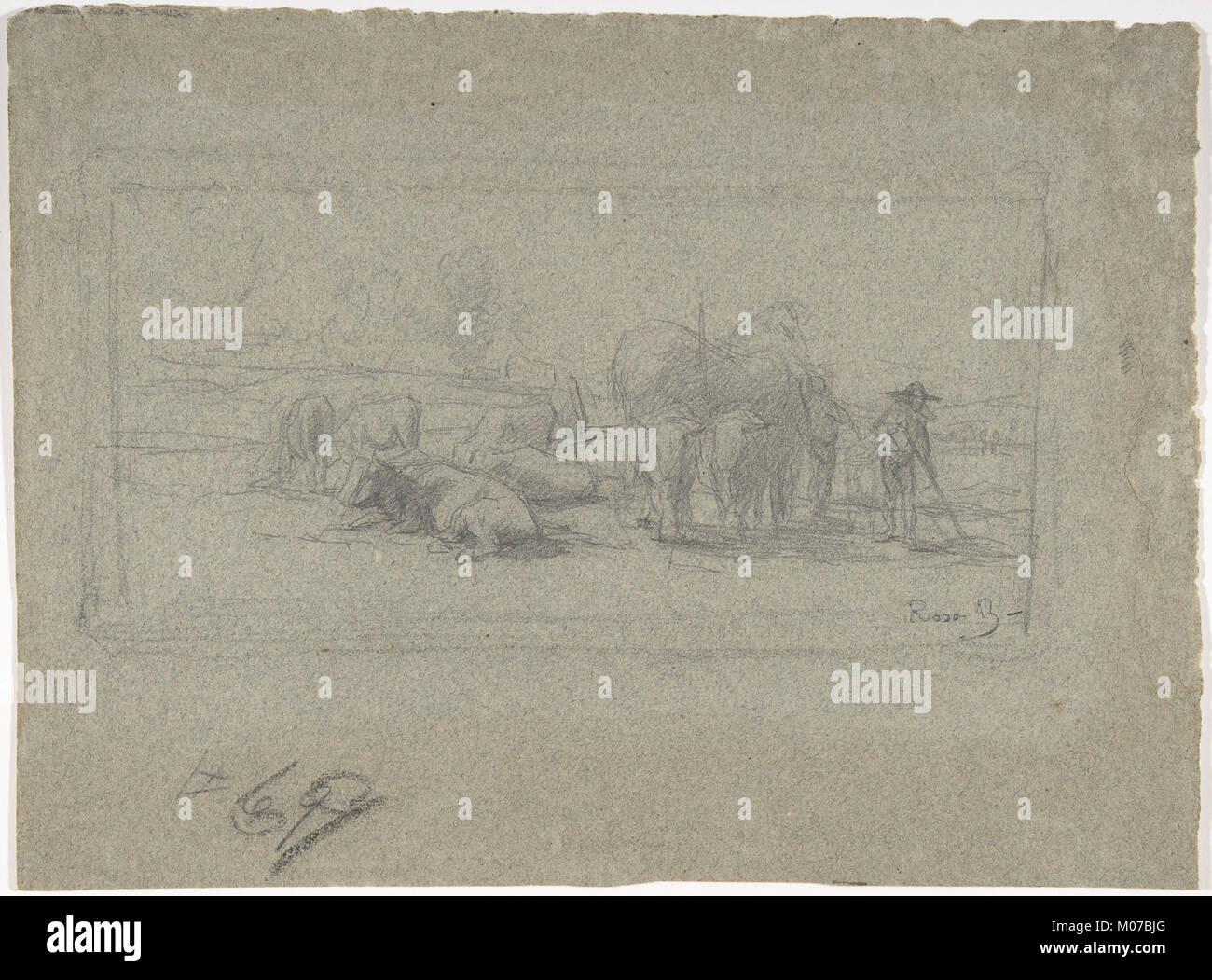 This artwork depicts a pastoral landscape with cattle grazing in a ...