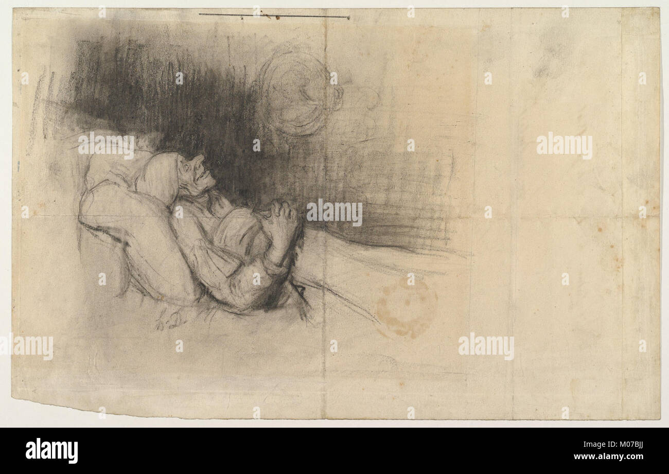 This artwork depicts a man in a contemplative or dream-like state ...