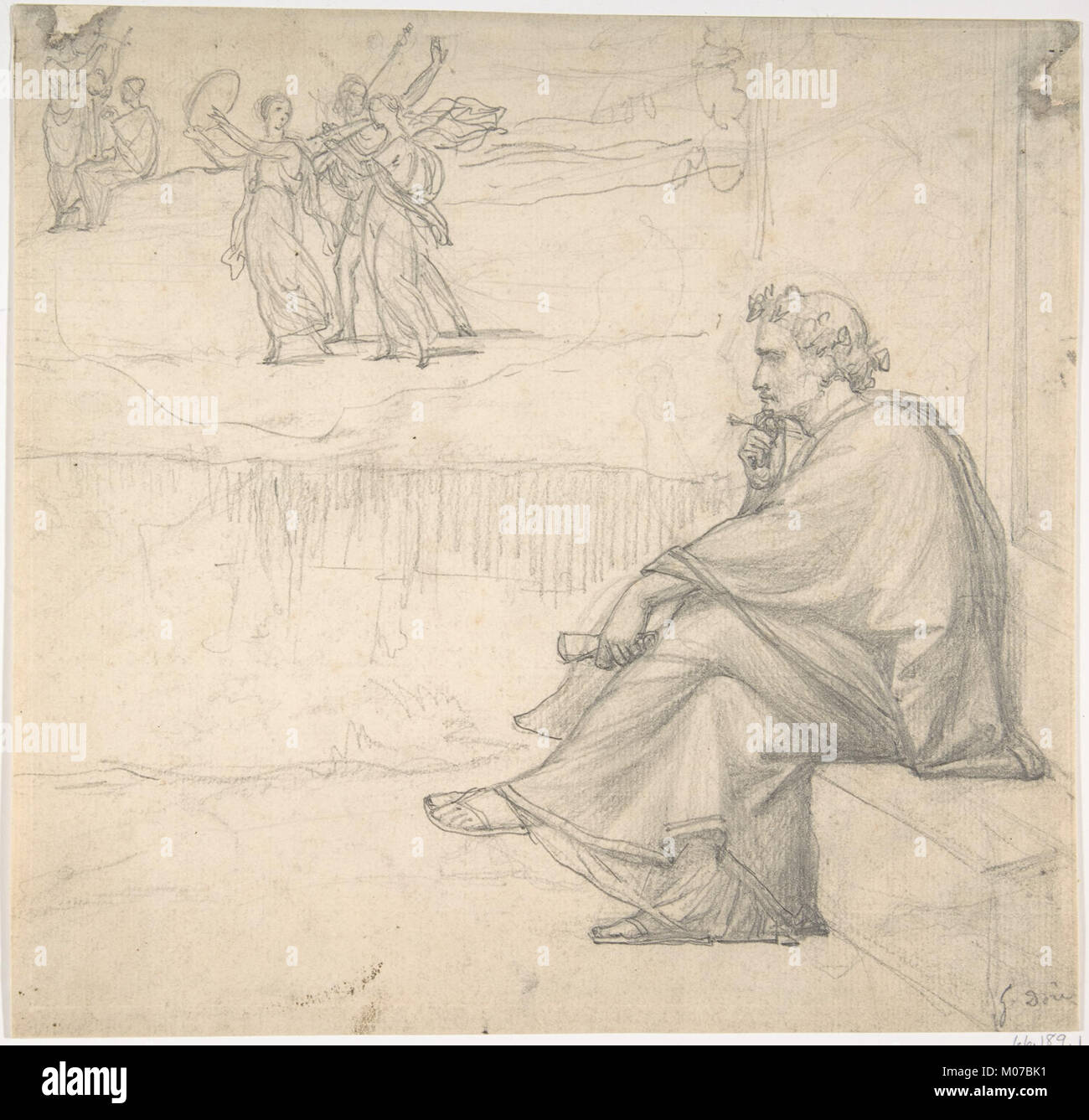 This sculpture features a male figure dressed in classical costume ...