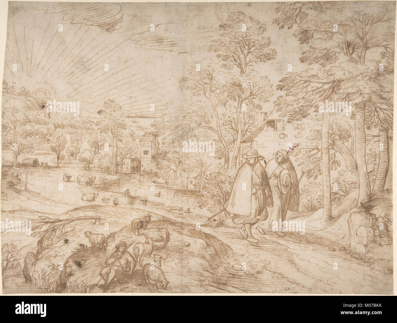 This painting depicts two pilgrims walking along a road, set within a ...