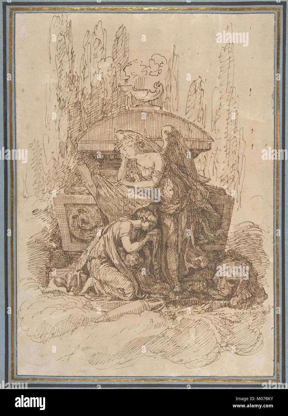This landscape painting includes a memorial scene, combining natural ...